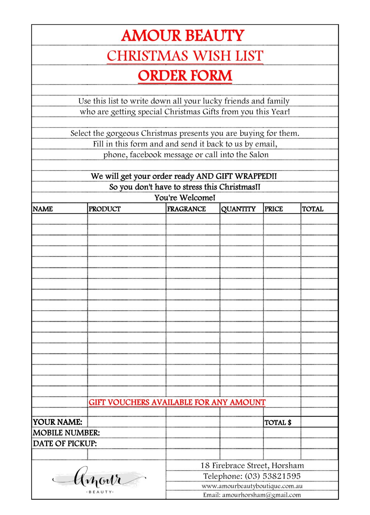 CHRISTMAS WISH LIST ORDER FORM – Amour Beauty Horsham