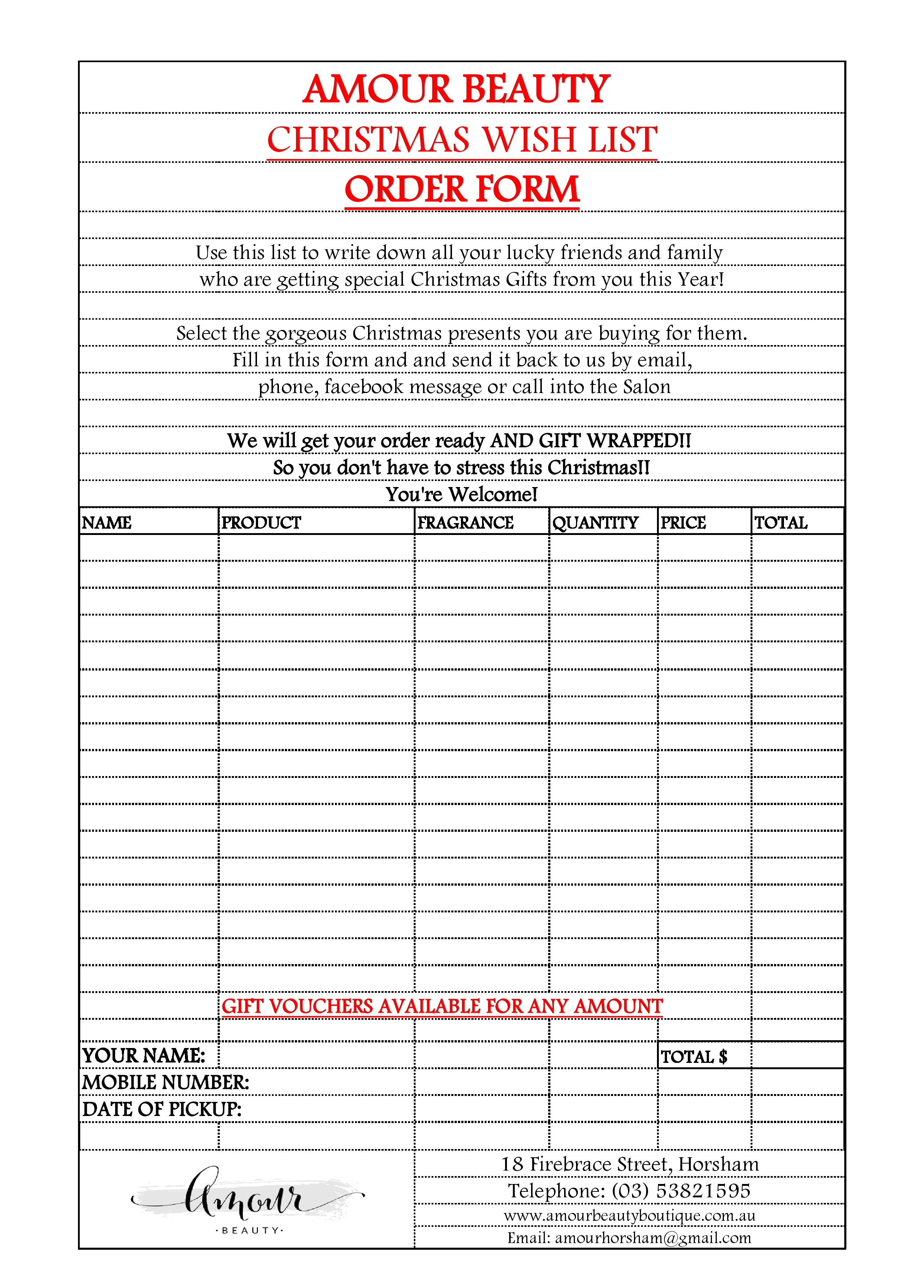 CHRISTMAS WISH LIST ORDER FORM – Amour Beauty Horsham